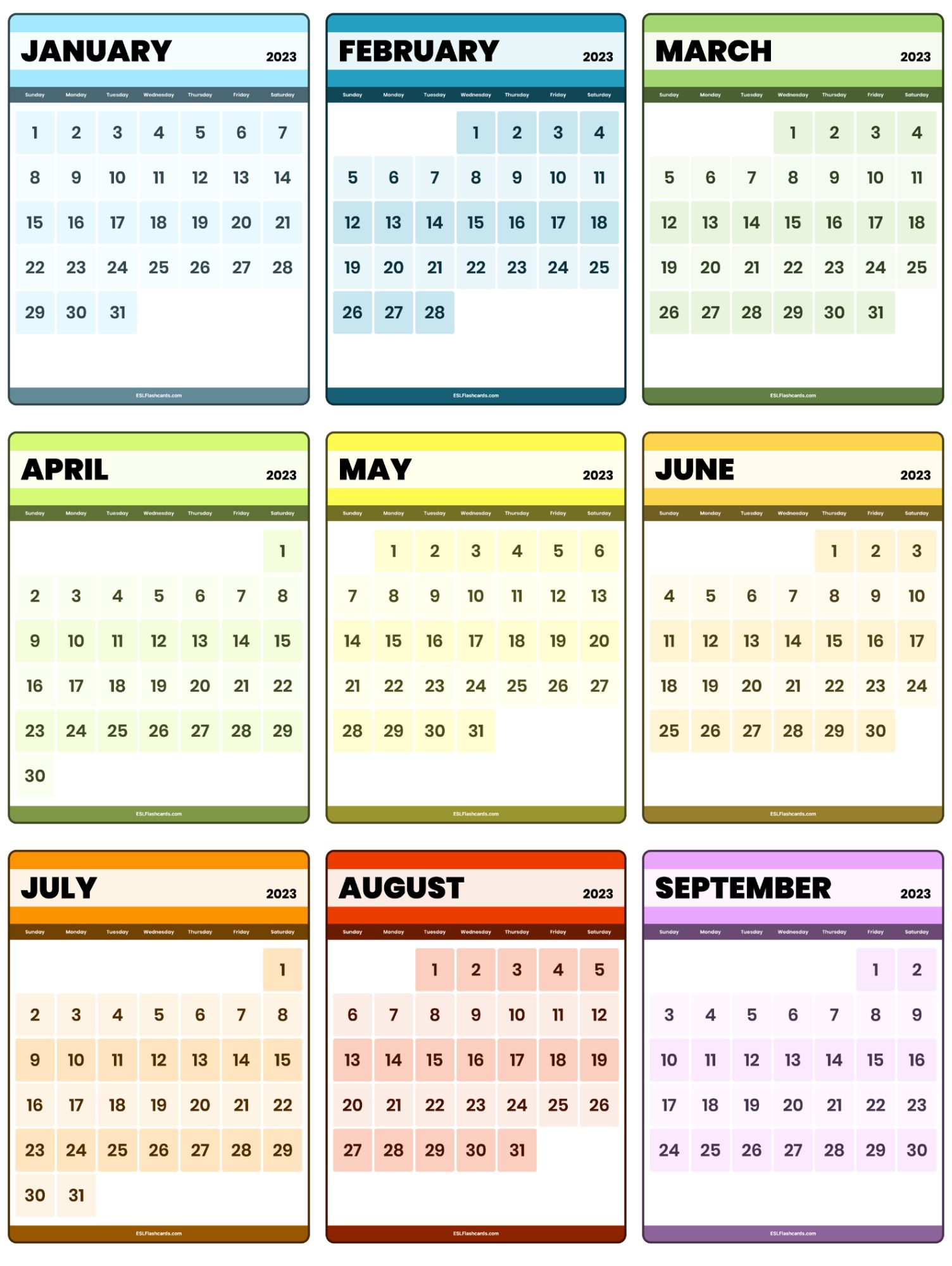 Printable Calendars ESL Flashcards