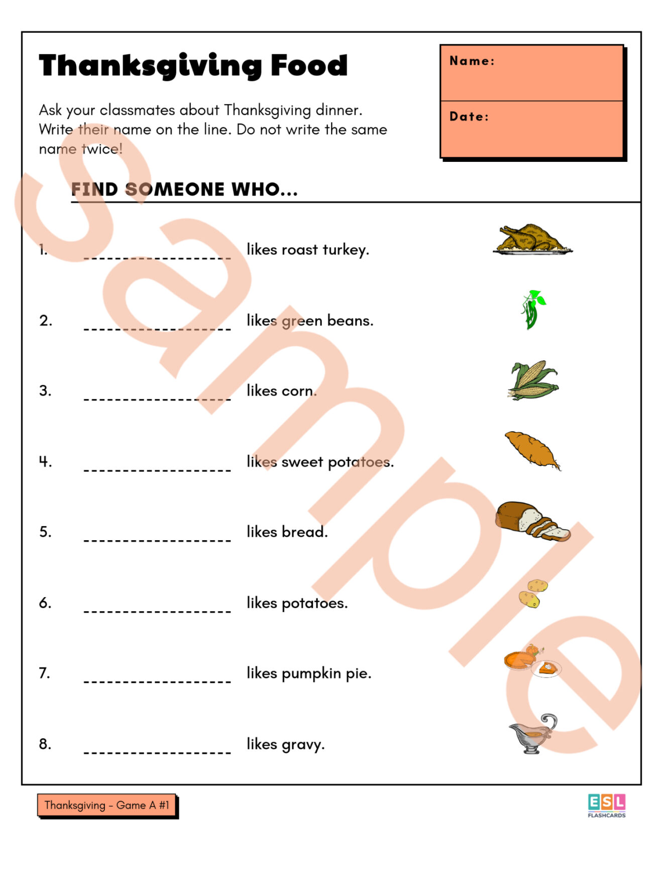 Thanksgiving Worksheets – ESL Flashcards