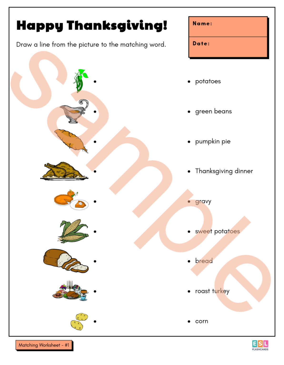 Thanksgiving Worksheets – ESL Flashcards