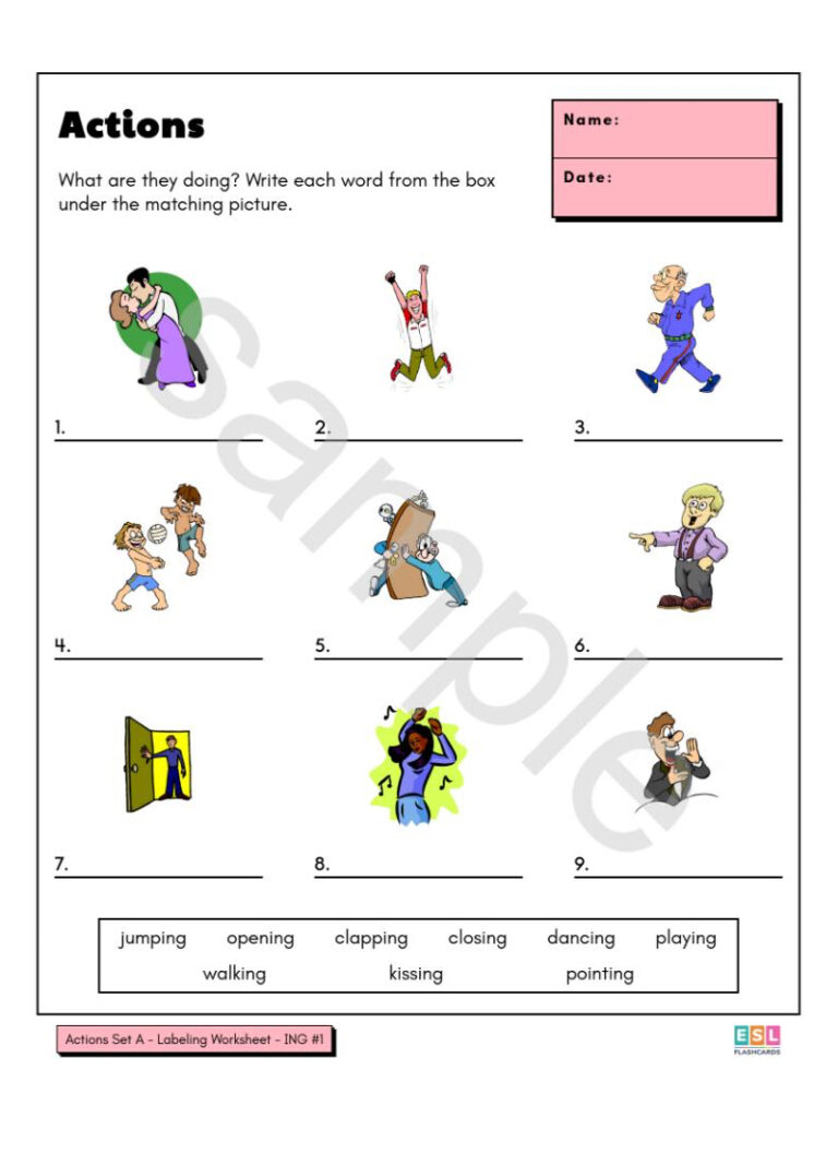 Action Verb Worksheets – Set A – ESL Flashcards